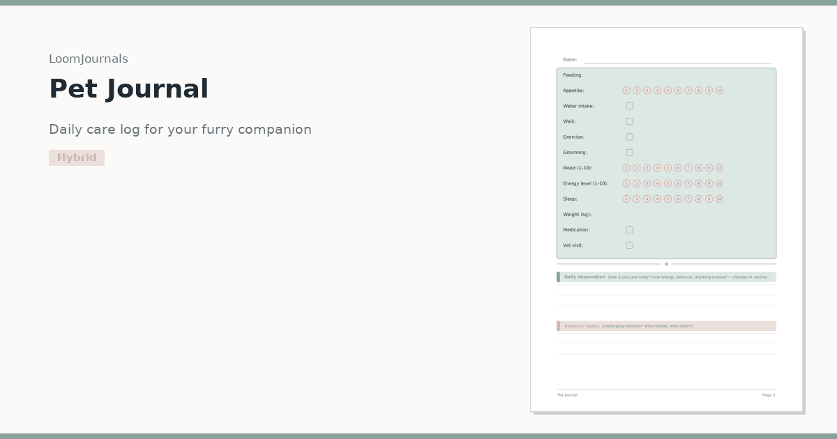 Free Printable “Pet Journal” Template in PDF Format — LoomJournals